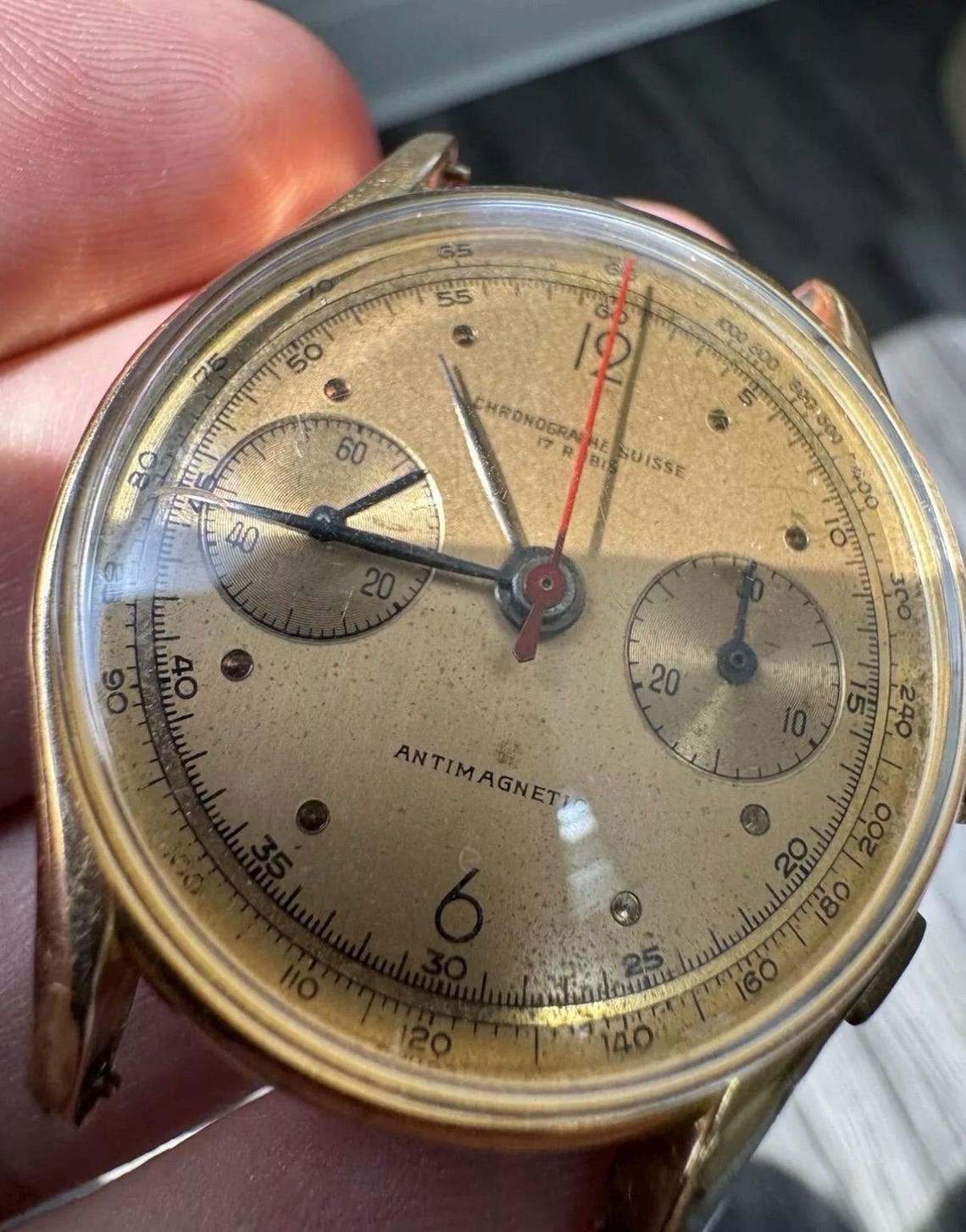 Vintage Watch Chronographe Suisse Antimagnetic 18K Rose Gold 17 Rubis ...