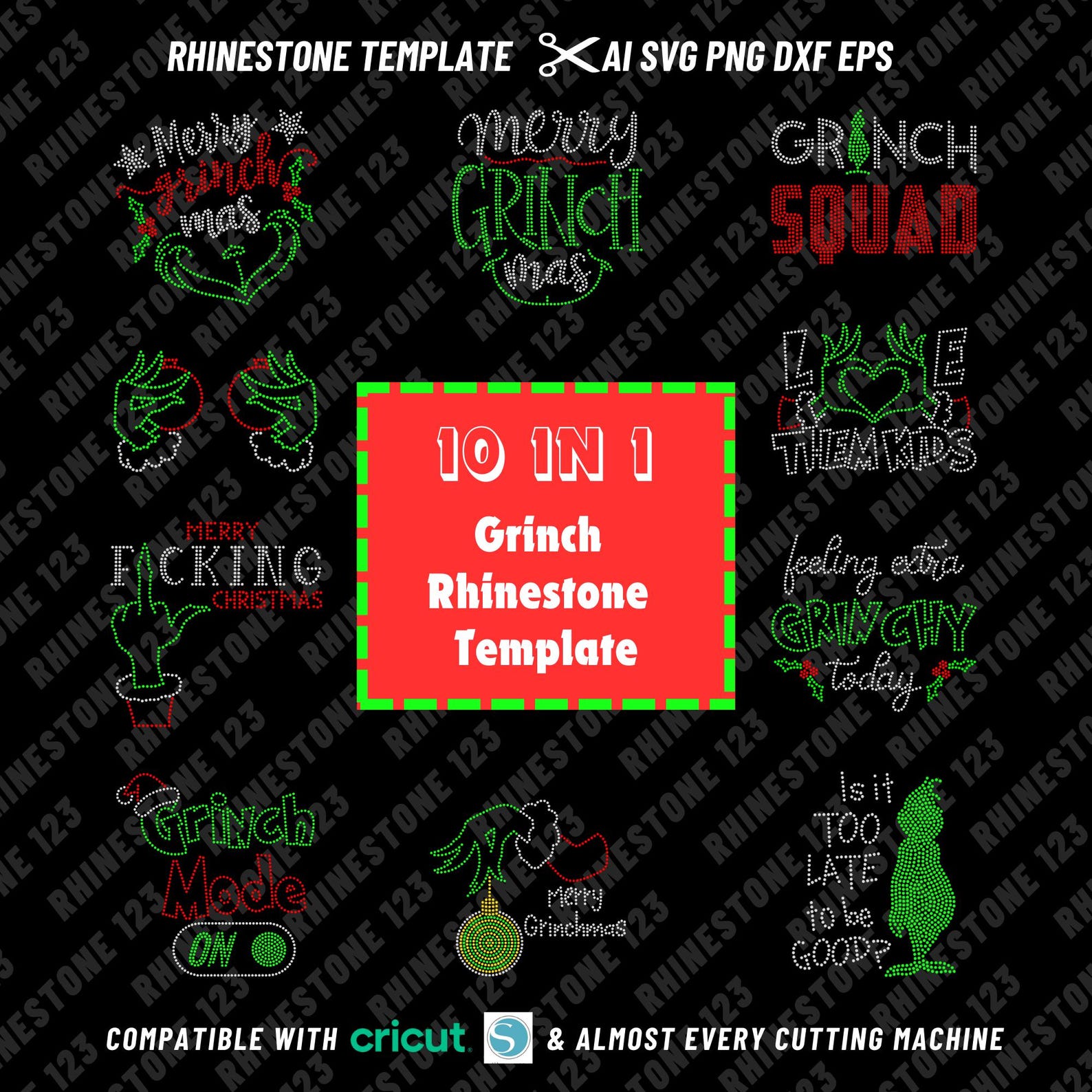 Grinchmas Rhinestone Template Pack | Grinch Rhinestone Template | 10 in ...