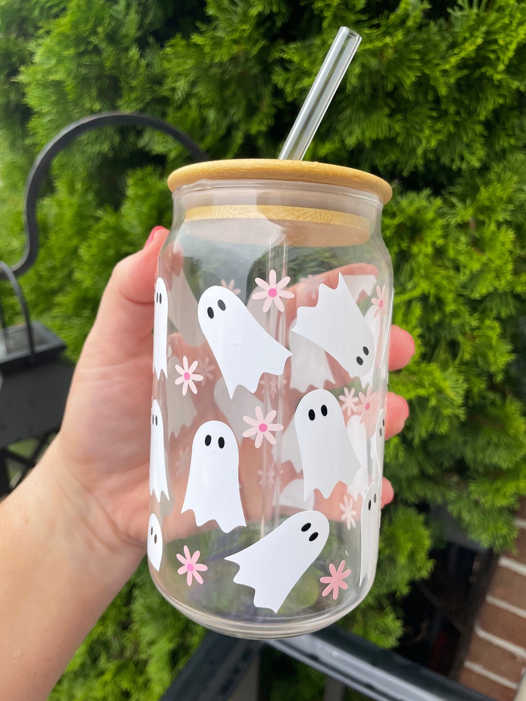 Boho Floral Ghost Glass Cup With Lid and Straw Iced Coffee Cup ...