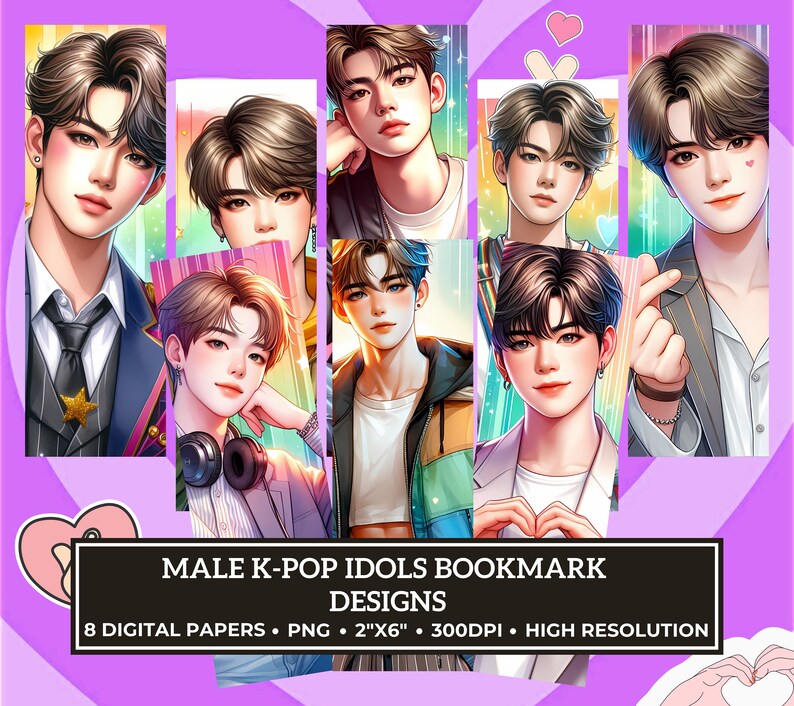 8 Male K-pop Idols Bookmark Designs, Printable Bookmarks Bookmark ...