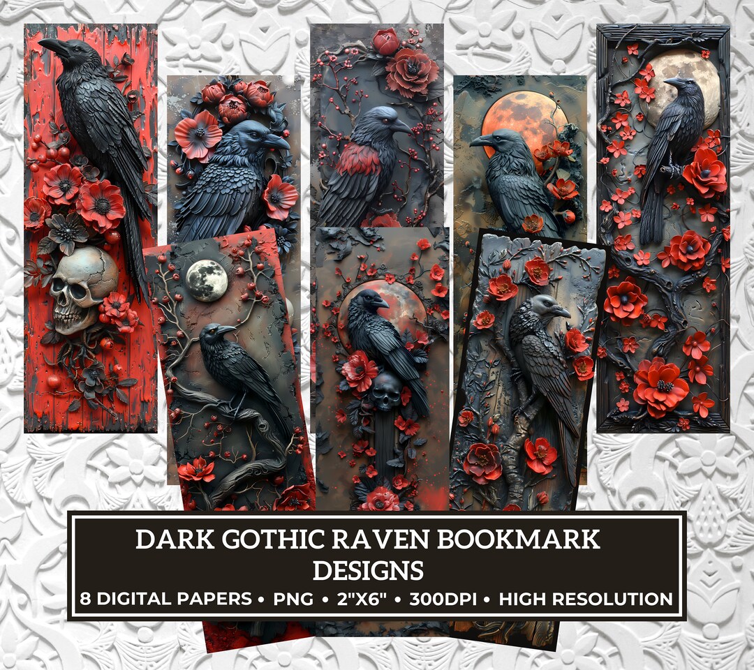 8 Dark Gothic Raven Bookmark Designs, Printable Bookmarks Bookmark ...