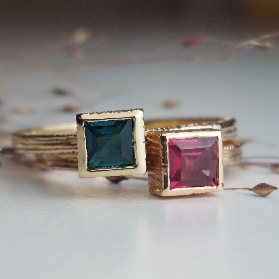 CUBES GOLD RING 9 Carat Gold and Green or Pink Tourmaline/ Rhodolite ...