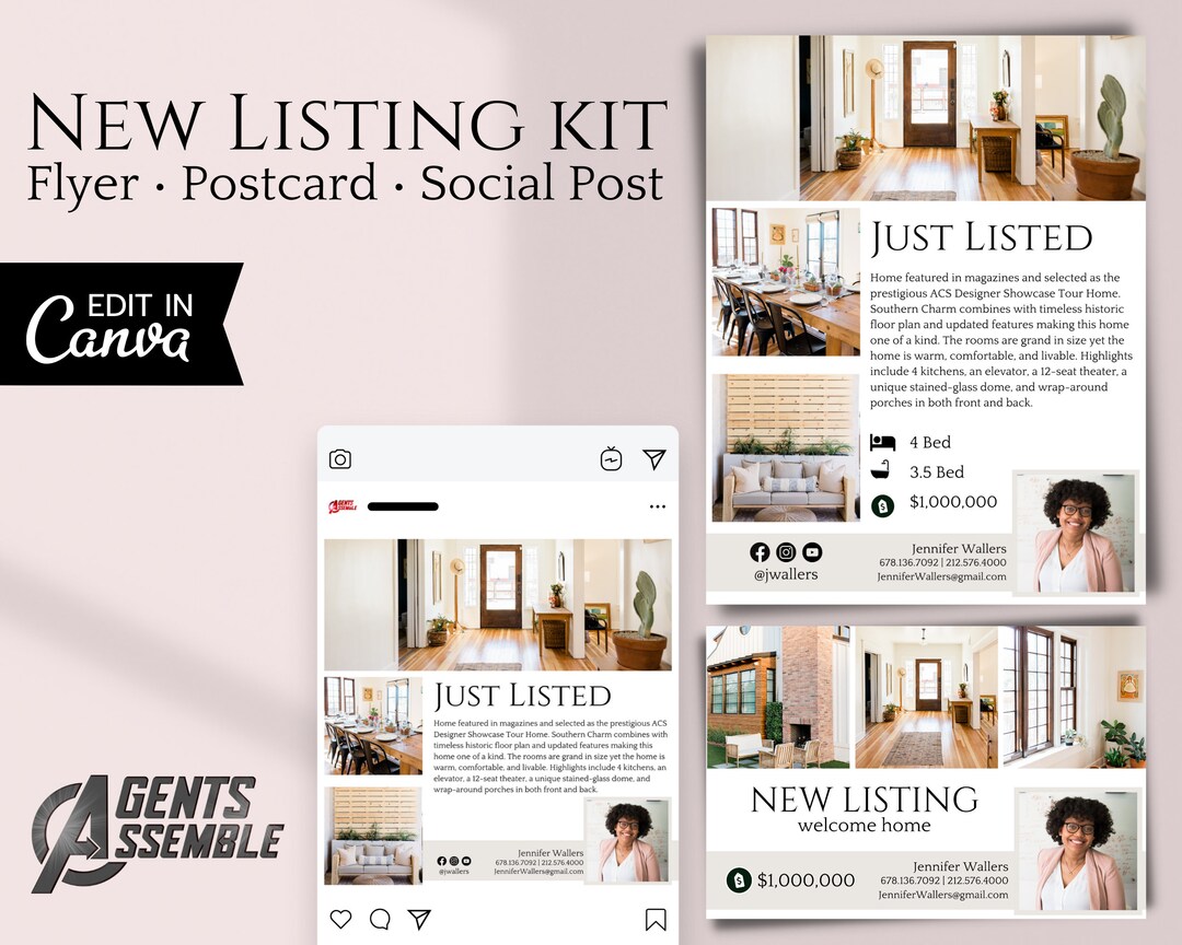 New Listing Real Estate Marketing Kit Realtor Postcard, Flyer & Social ...