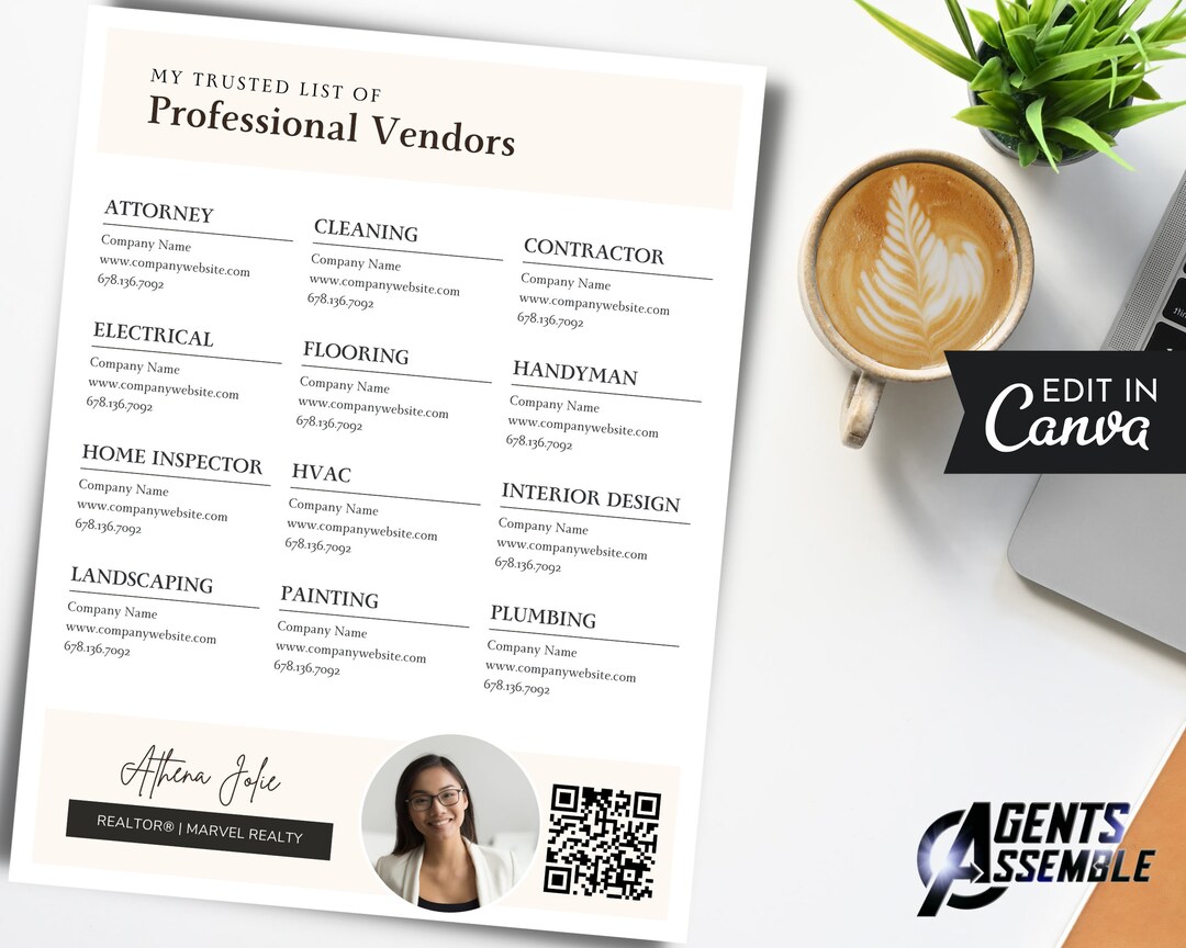 Real Estate Vendor List Template: Realtor Marketing (canva Downloadable ...