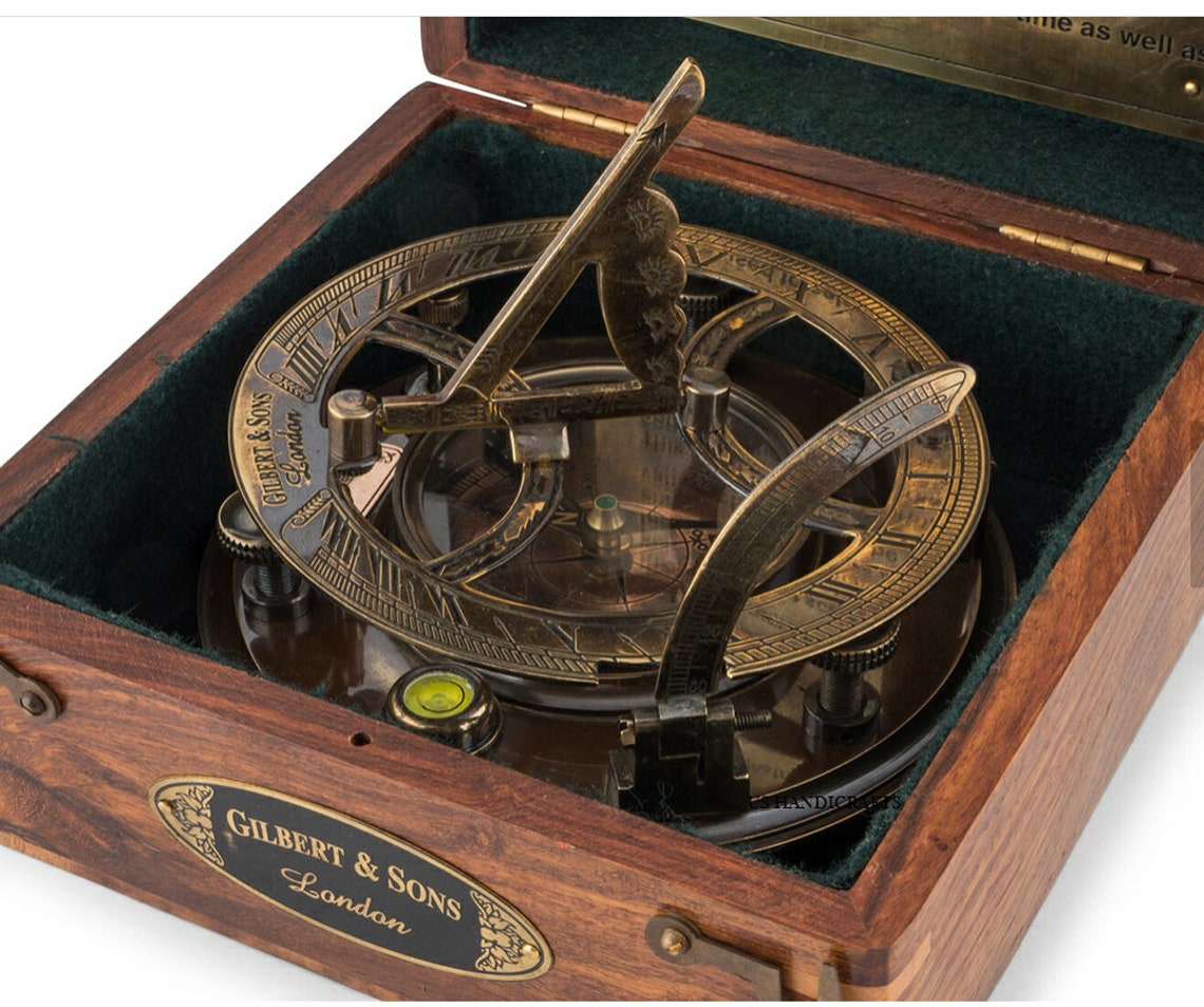 Replica of Vintage Top Grade 5"large Sundial Compass\ Wooden Box Hiking ...