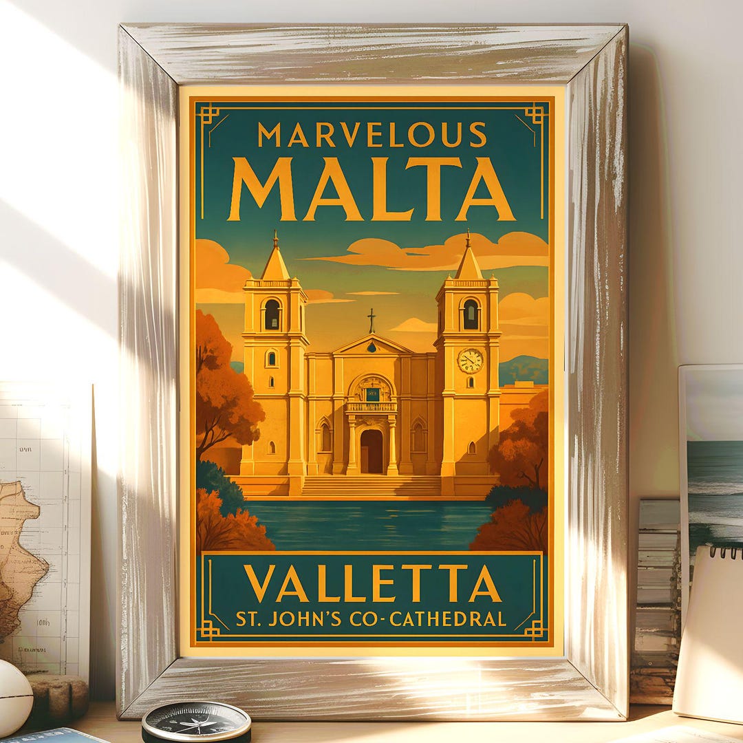 Valletta Travel Poster - Art Deco Wall Art - Malta Cathedral Print - Etsy