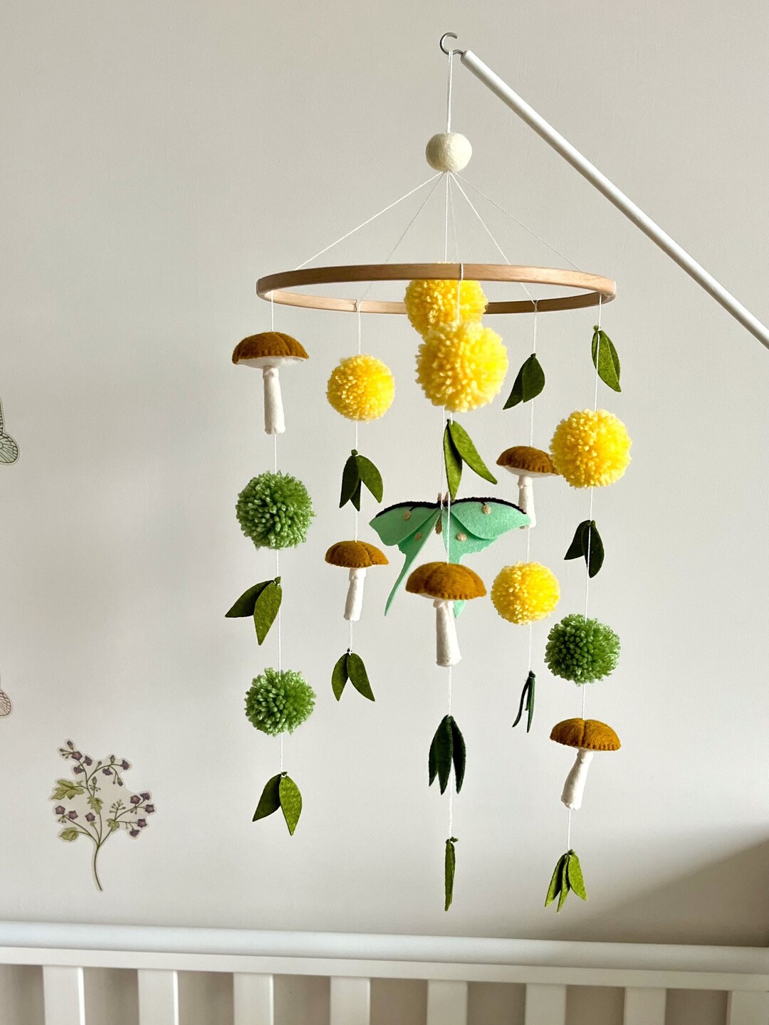 Luna Moth Nursery Mobile: Felt Mushroom & Pom Pom Decor - Etsy
