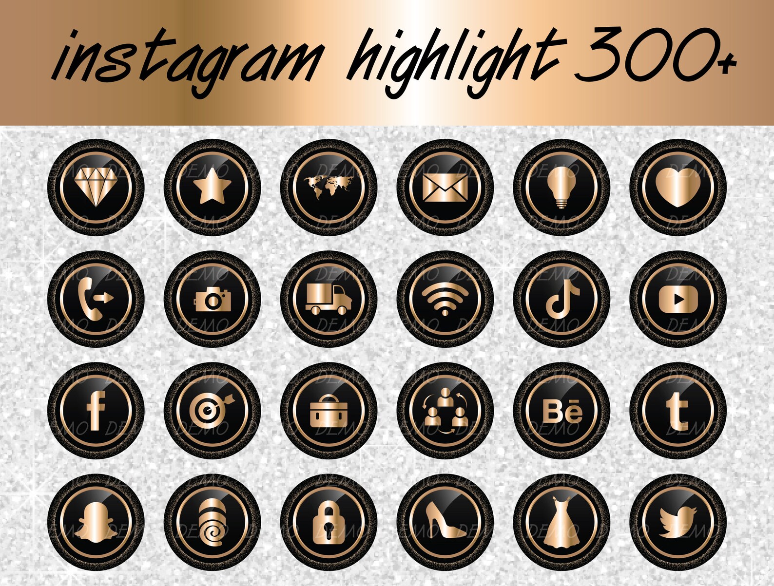 300 Instagram Story Highlight Icons, Black Rose Gold Icons, Story ...