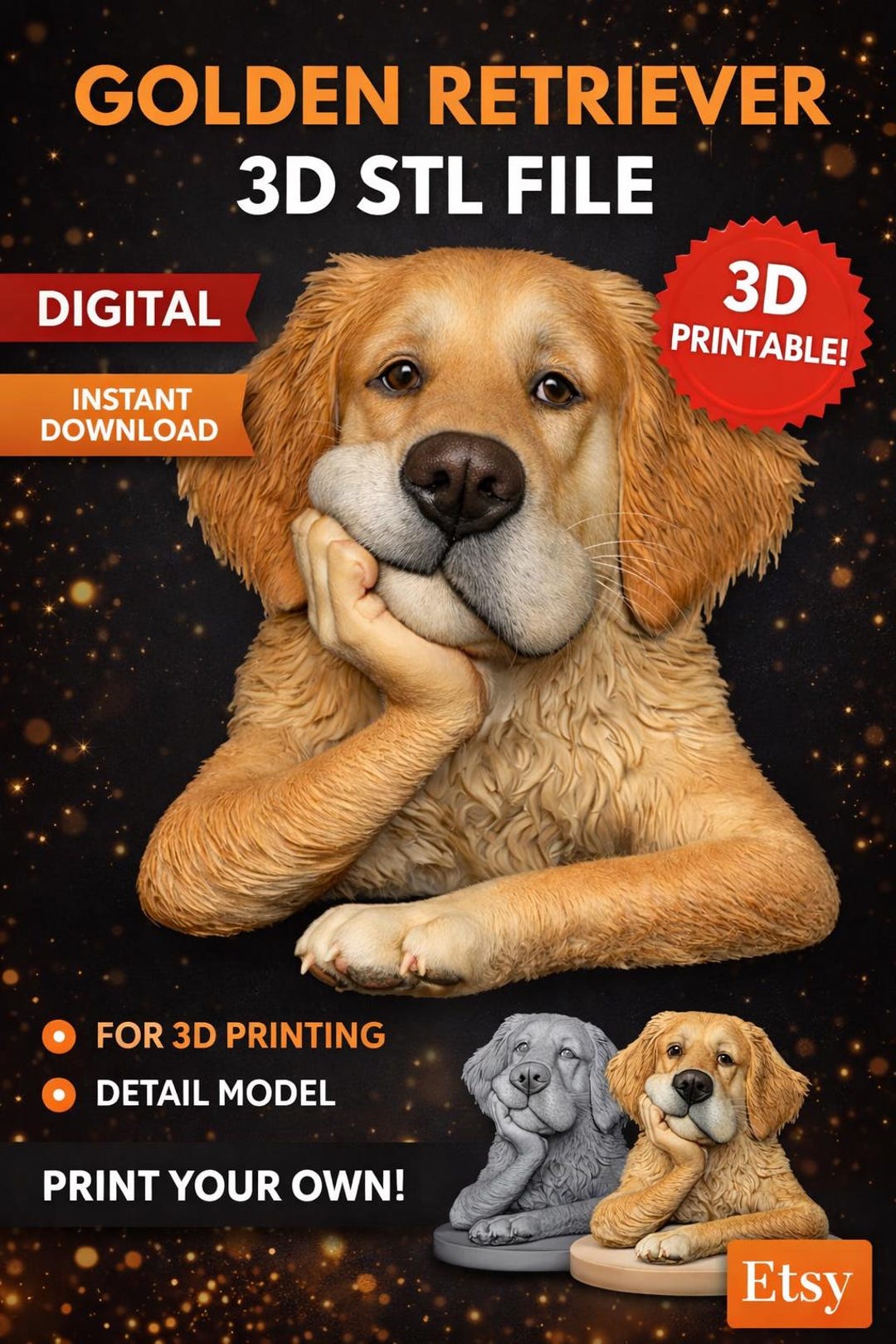 Golden Retriever Bust 3D STL File | Printable Dog Sculpture (digital ...
