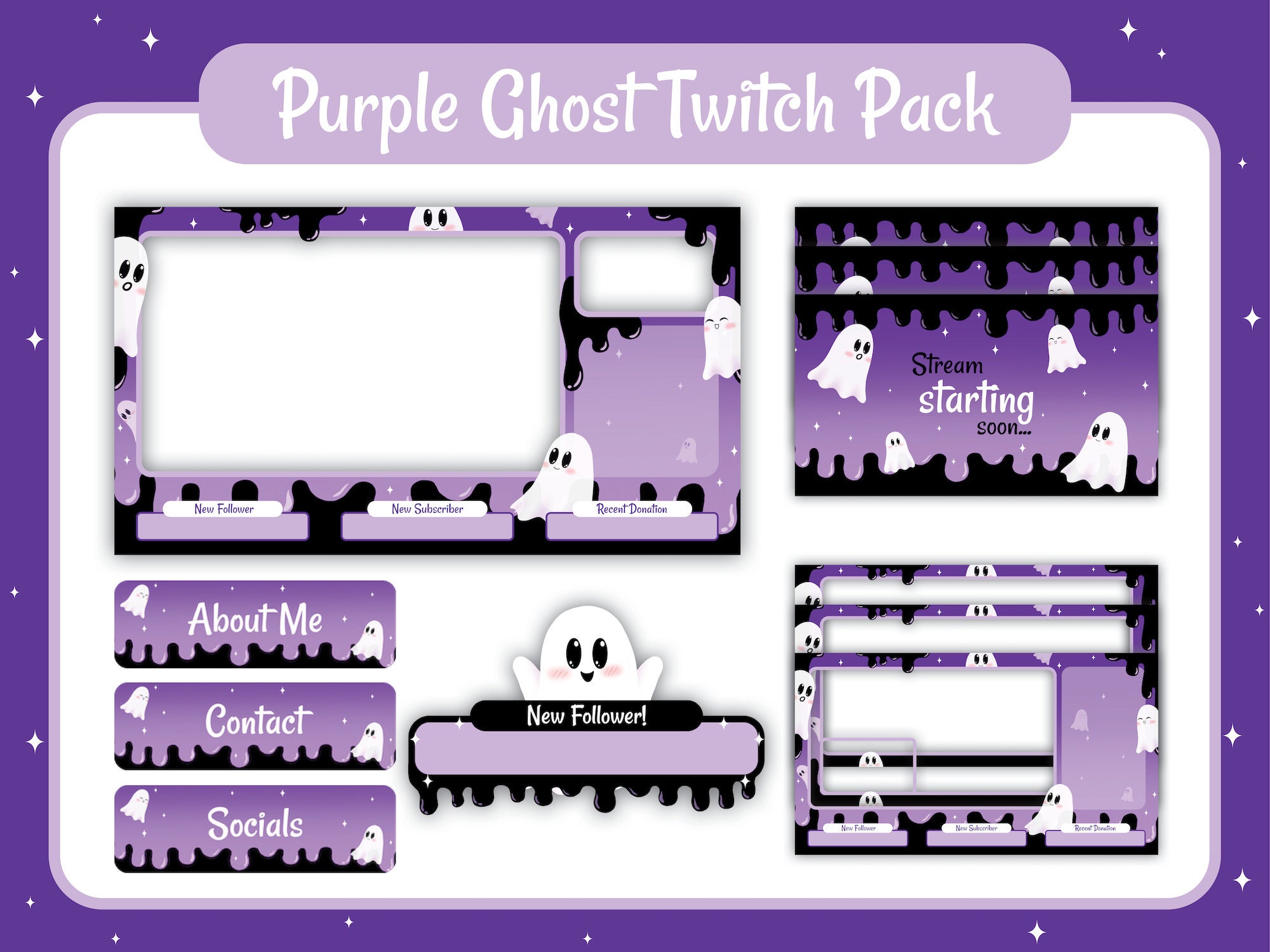 Animated Purple Ghost Twitch Pack - Spooky and Cute - Overlays, Panels ...