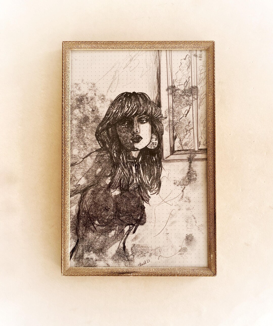 Original Signed Monoprint Painting, Portrait of Woman, Drawing, Vintage ...