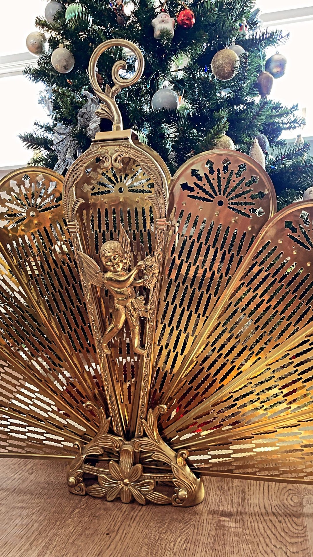 Early 20th Century Ornate Cherub Folding Peacock Fire Screen in ...