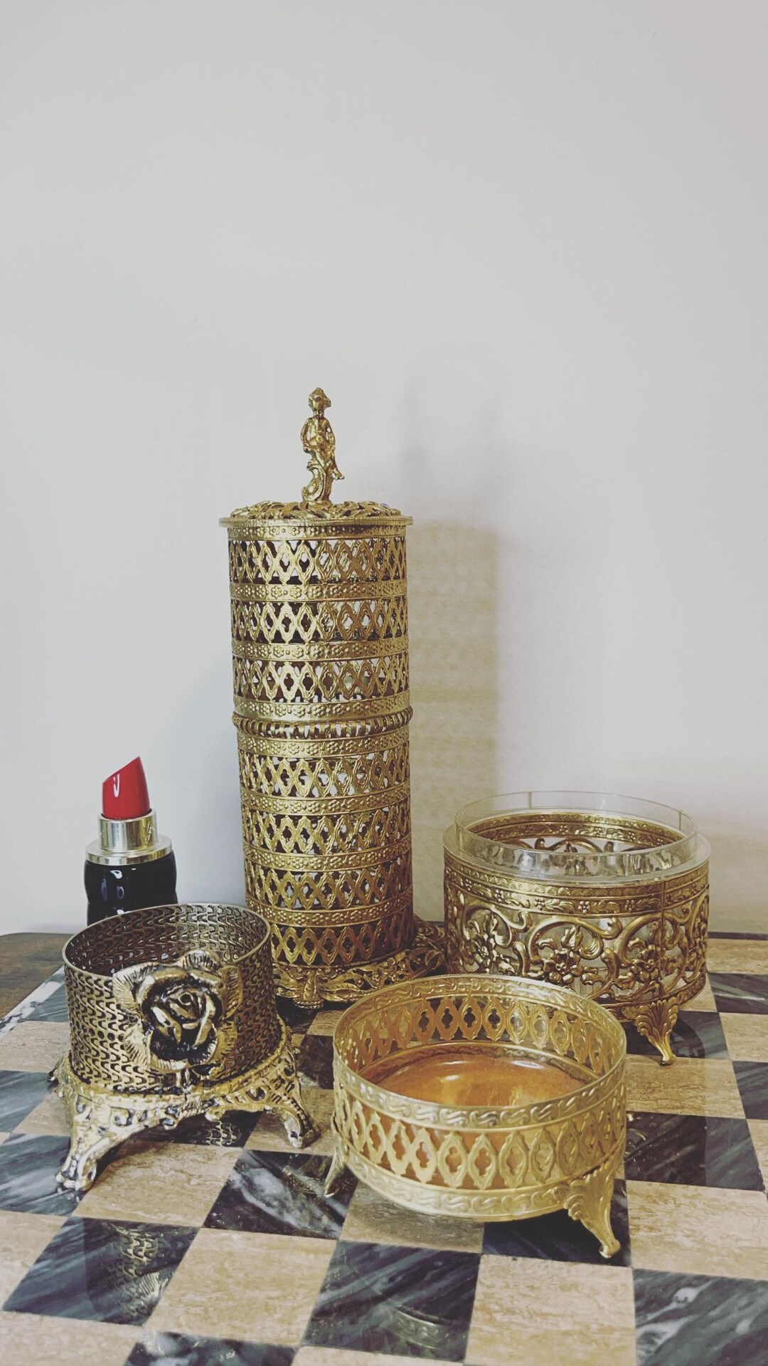 Vintage Gold Vanity Accessories, Gold Metal Fancy Jewellery Holders ...