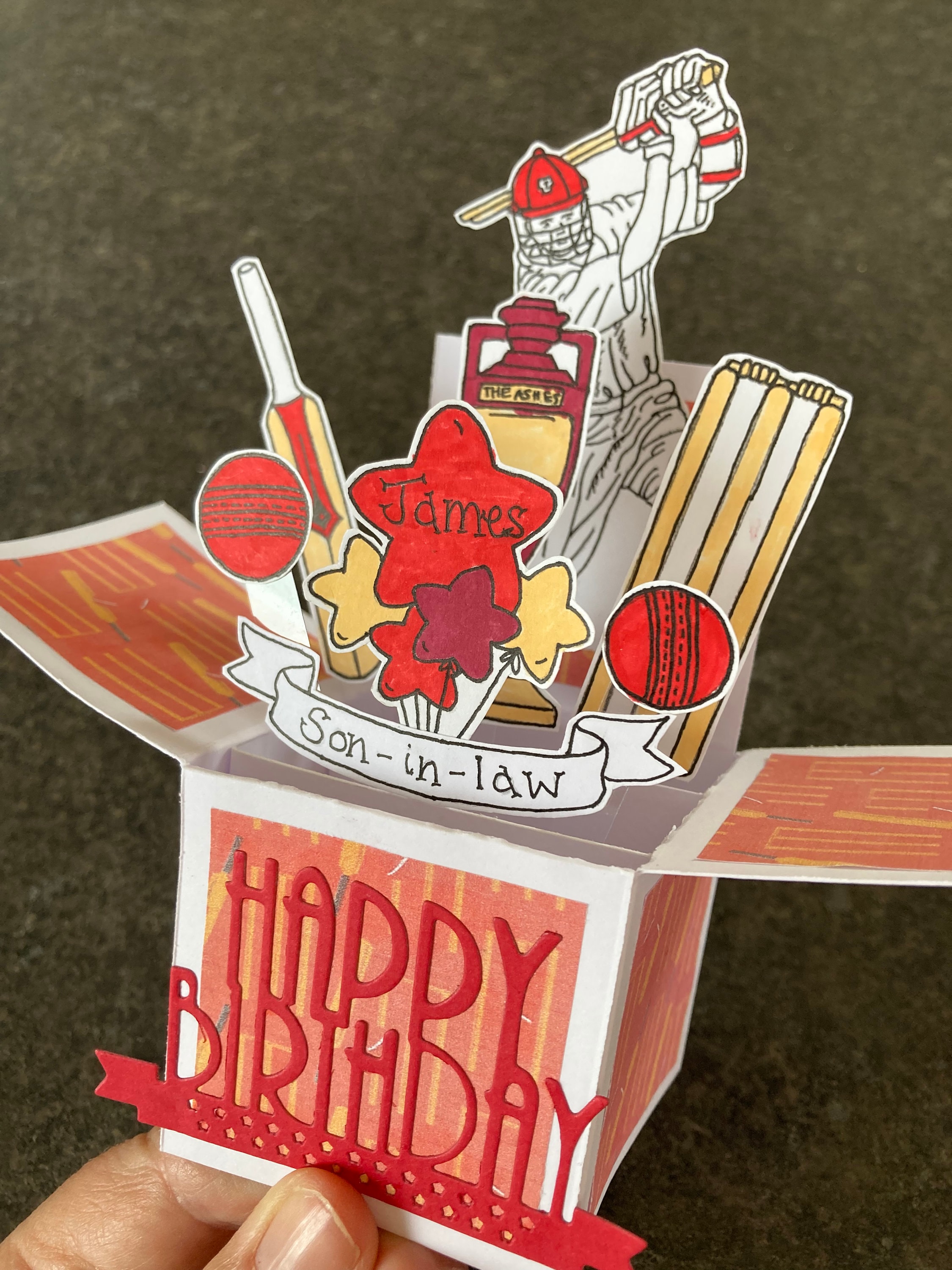 Cricket Pop up Box Card, Personalised Male Card, Cricket Keepsake Card ...