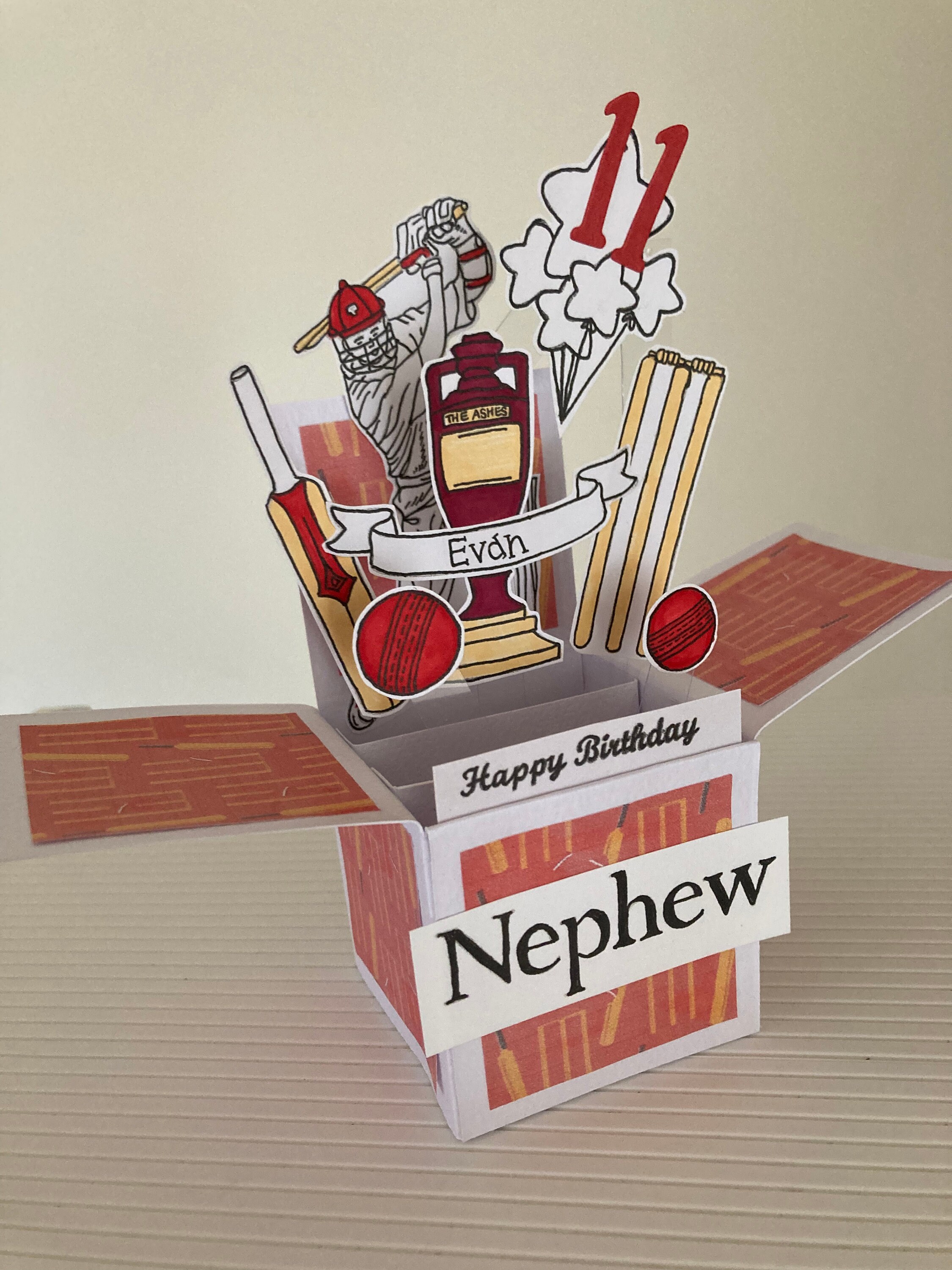 Cricket Pop up Box Card, Personalised Male Card, Cricket Keepsake Card ...