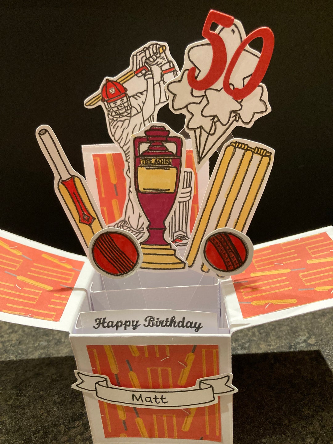Cricket Pop up Box Card, Personalised Male Card, Cricket Keepsake Card ...