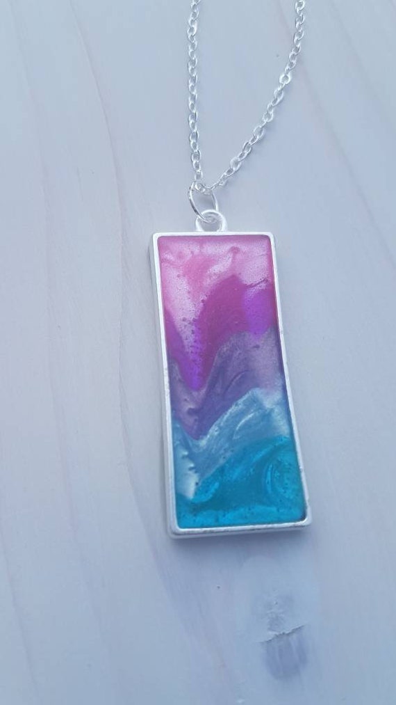Rectangle Resin Rainbow Pendant on 20 Silver-plated | Etsy