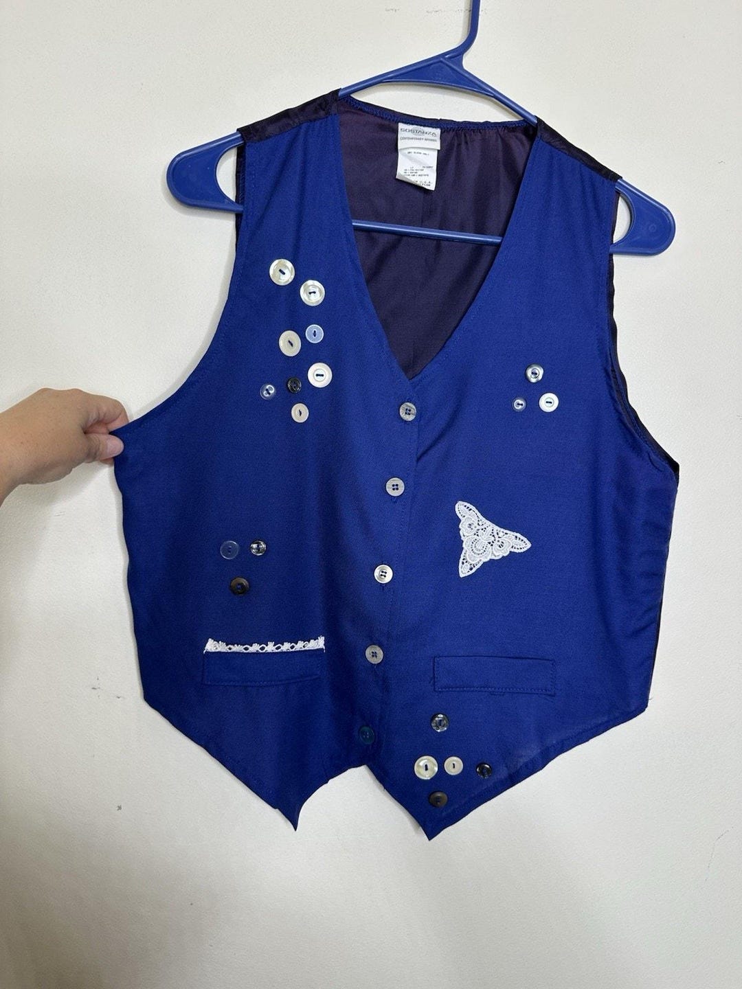 Vintage Sostanza Blue Vest Button Lace Appliqué Detail Conductor Style ...
