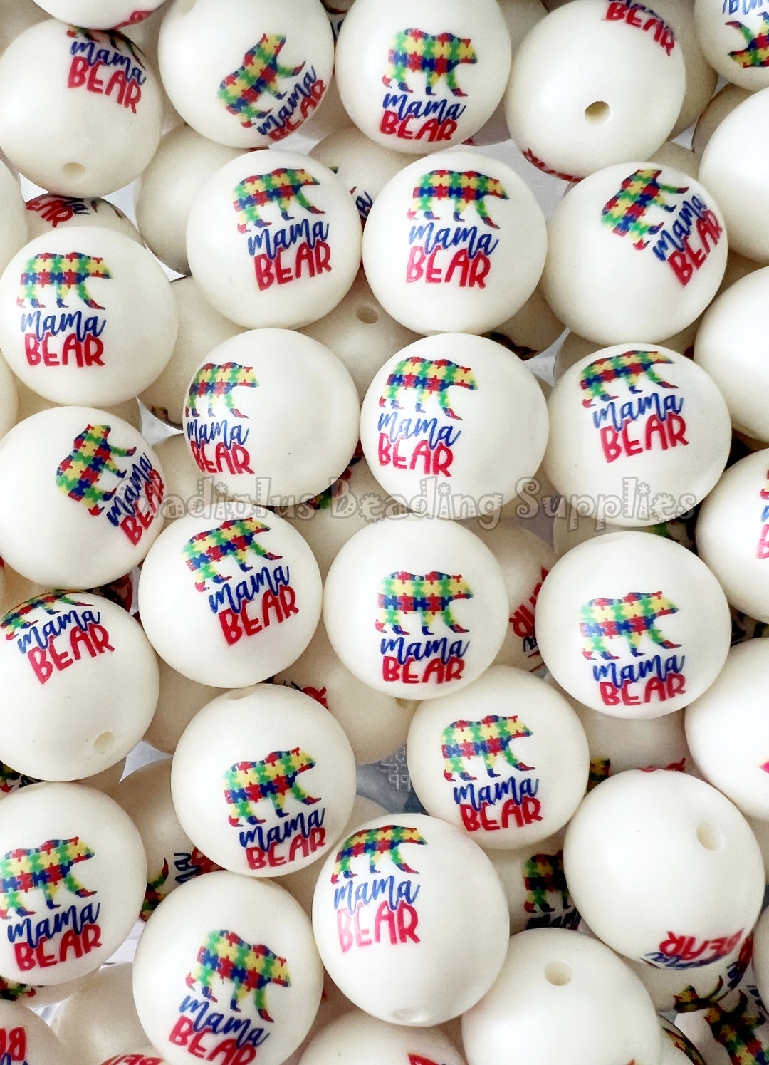 20mm Mama Bear, Autism Awareness Print Bead, Chucky Bubblegum Beads ...