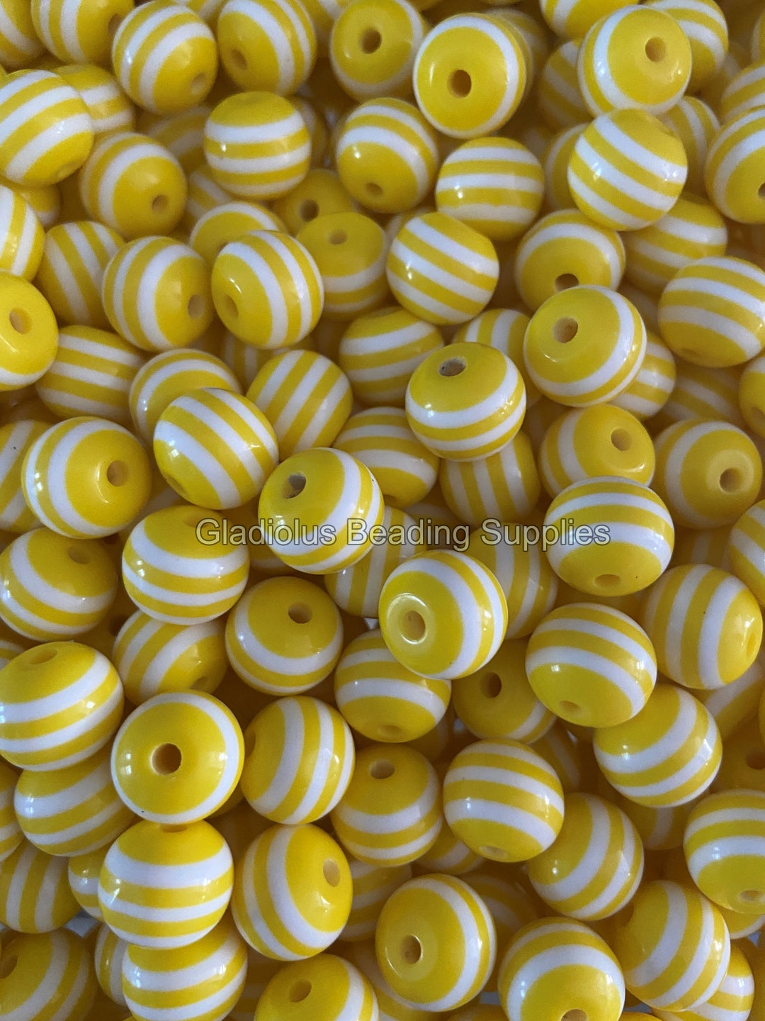 12mm Yellow, Striped Acrylic Beads, Round Beads, Chunky Beads, Gumball ...