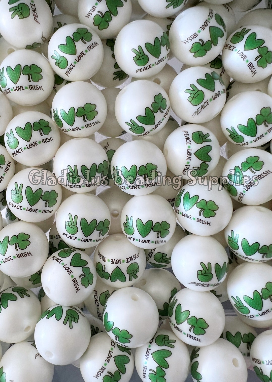 20mm Peace Love Irish, St Patrick's Day Beads, Bubblegum Beads, Acrylic ...