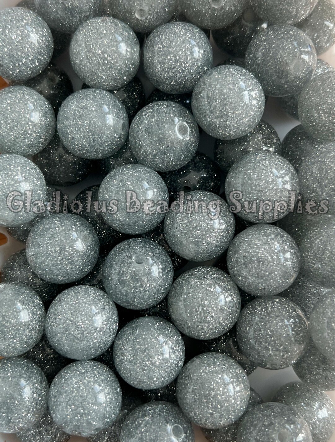 20mm Grey Clear Glitter Beads, Glitter Sparkle Beads, Chucky Bubblegum ...