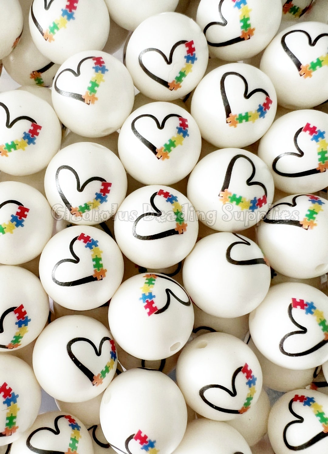 20mm Autism "heart" Print Beads, Autism Beads, Chucky Bubblegum Beads ...