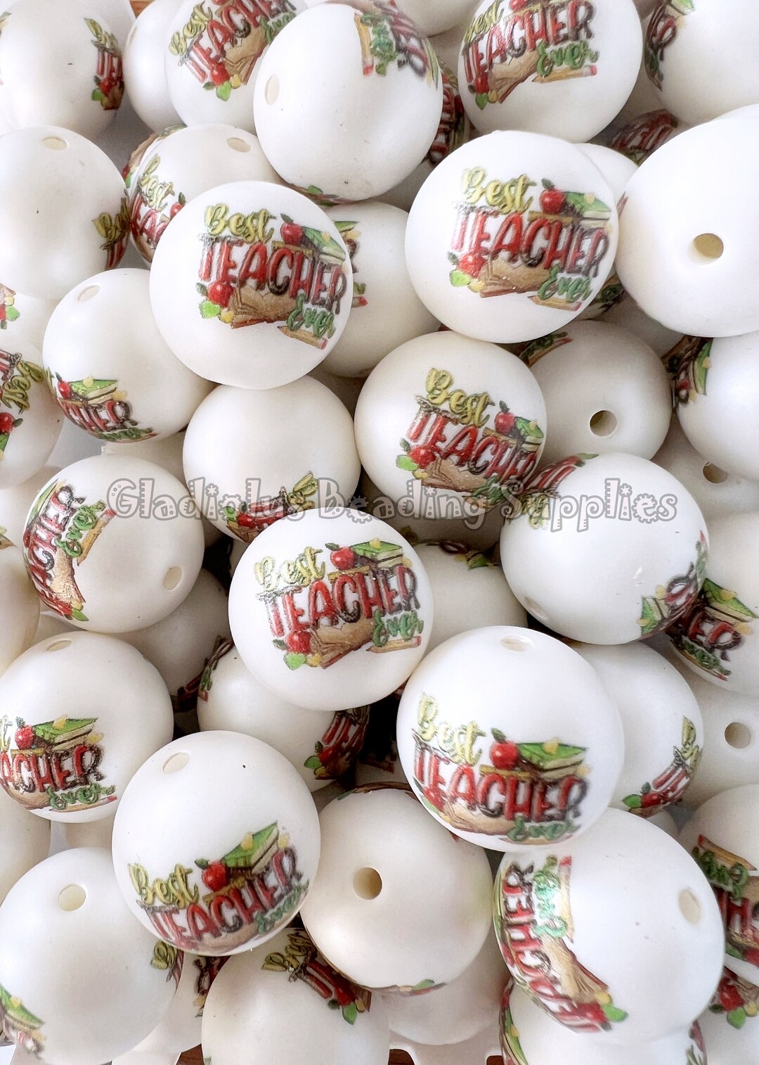 20mm Best Teacher Ever Print Beads, Chucky Bubblegum Beads, Acrylic ...
