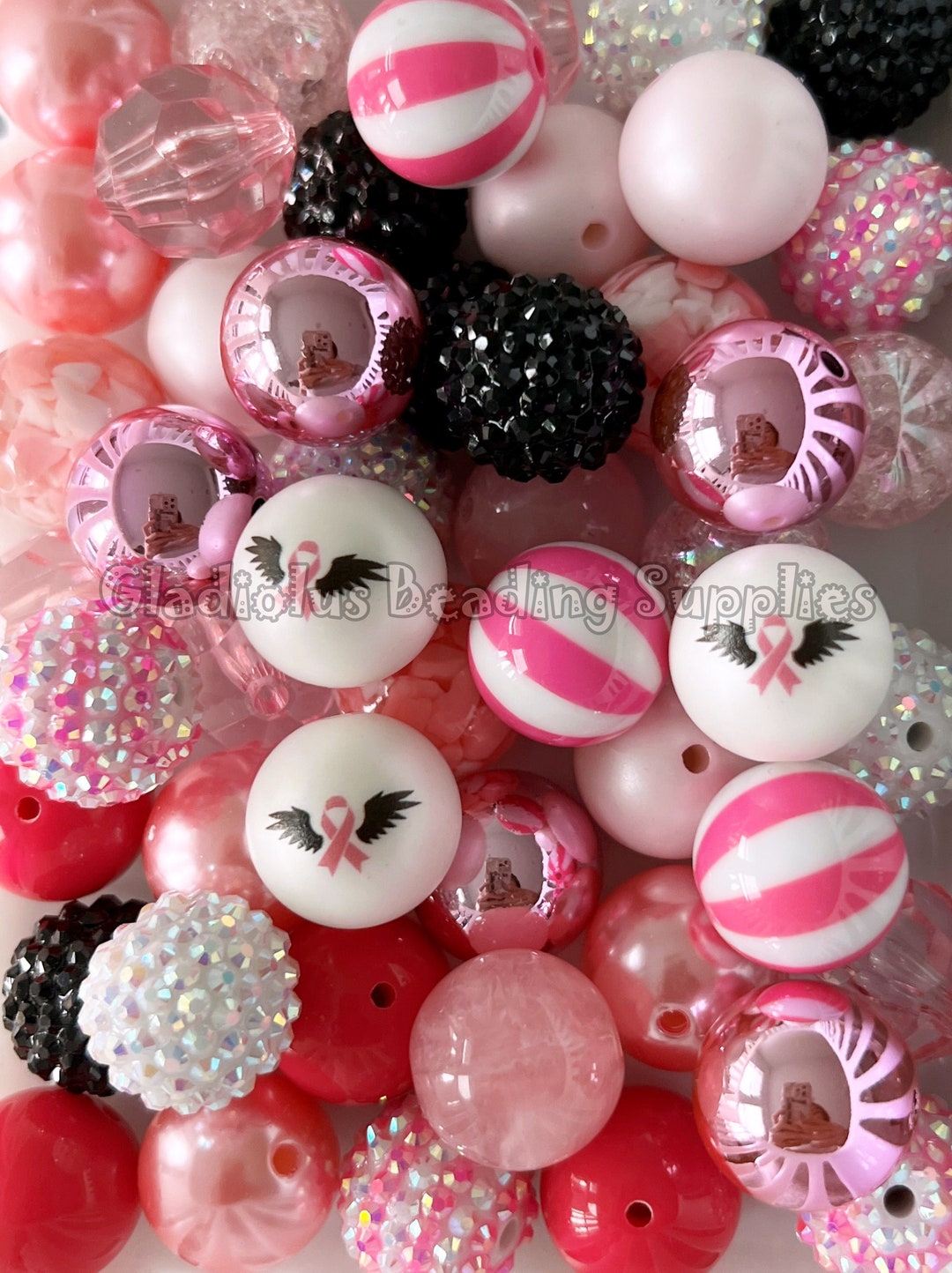 50 Qty 20mm Beads, Breast Cancer Awareness Mixed Set, Ribbon Beads ...