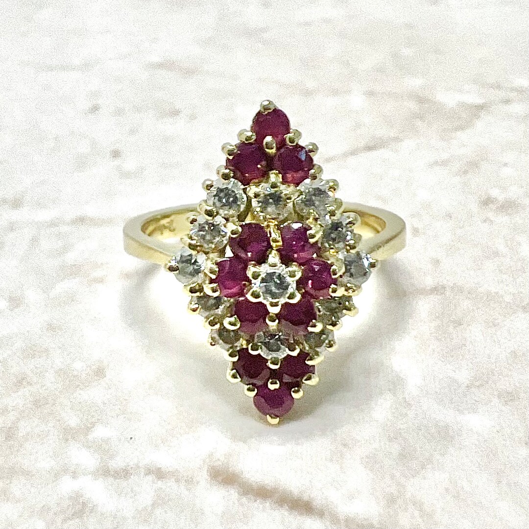 Vintage 18K Ruby & Diamond Navette Ring - 18K Yellow Gold Ruby Cocktail ...