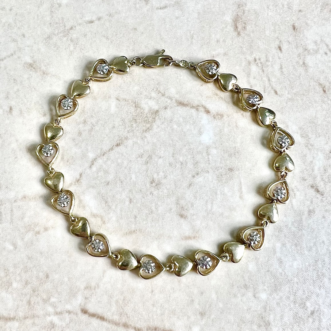 Vintage 10K Heart Diamond Bracelet - 10K Yellow Gold Diamond Heart ...