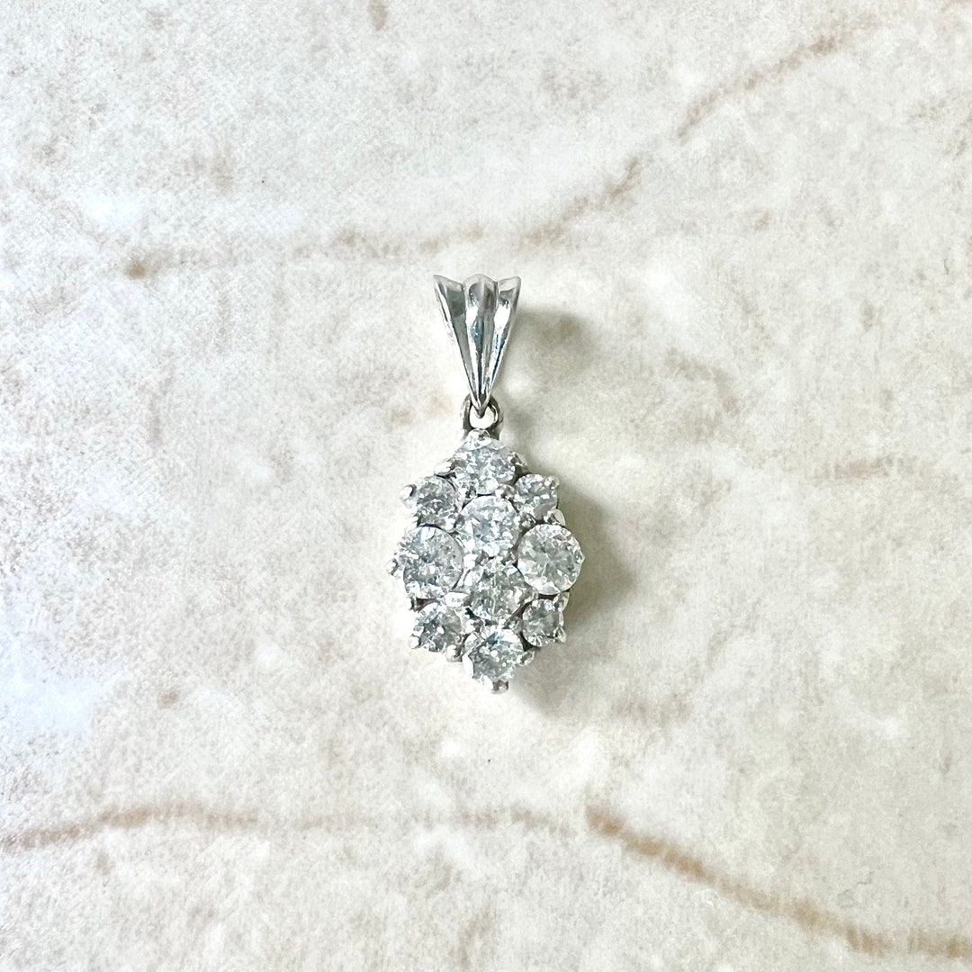 0.85 CT Vintage 18K Diamond Cluster Pendant - 18K White Gold Diampnd ...
