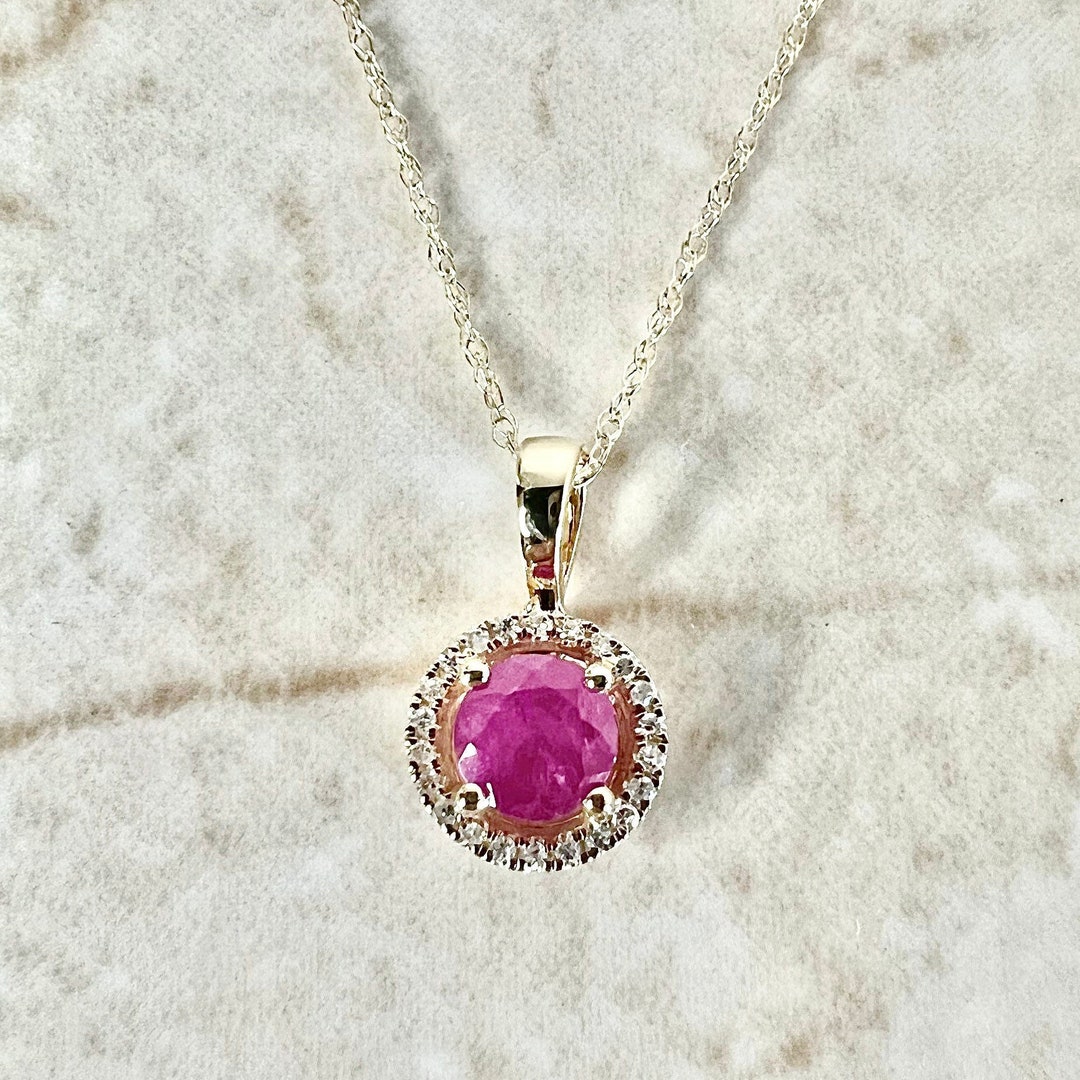 14K Natural Ruby Halo Pendant Necklace - 14K Yellow Gold Ruby Necklace ...