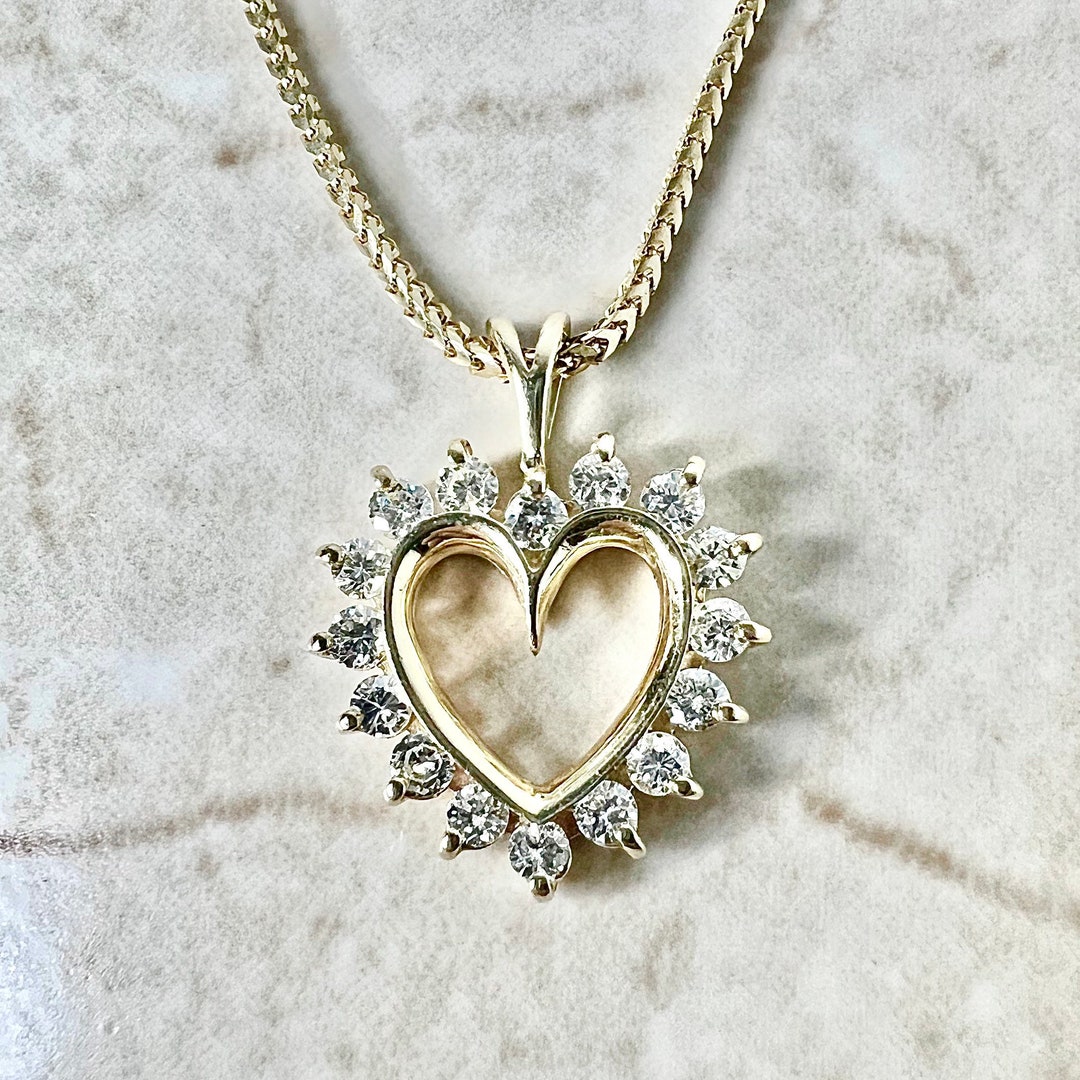 14K Diamond Heart Pendant Necklace Yellow Gold Heart Necklace Gold ...