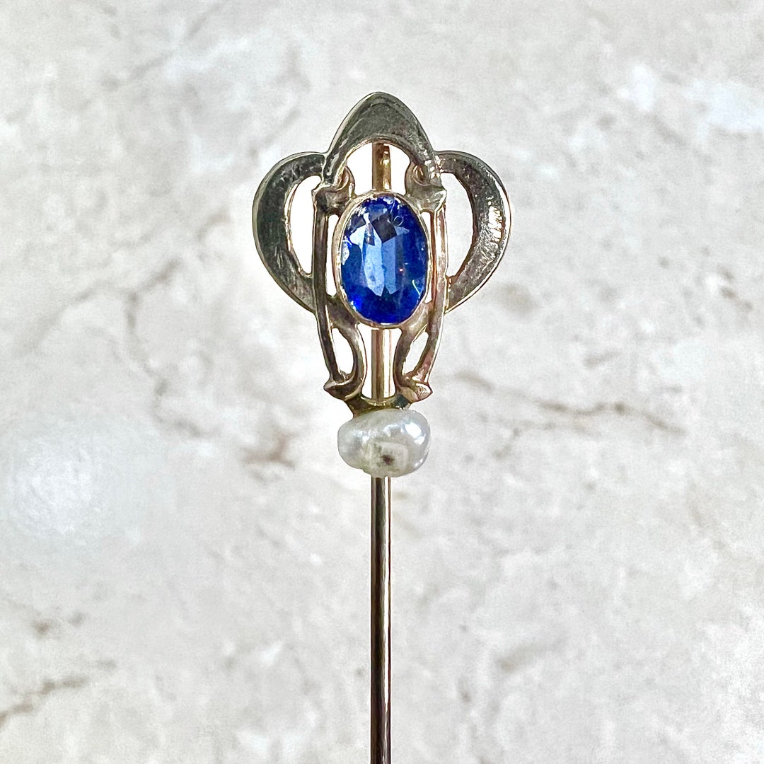 Antique Edwardian Pearl & Sapphire Stick Pin - 14K Yellow Gold Stick ...