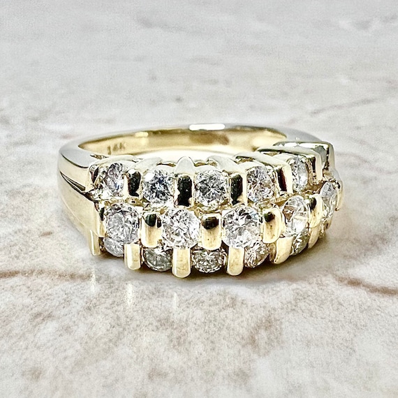 14K Gold Triple Row Diamond Band Ring - Solid 14K Yel… - Gem
