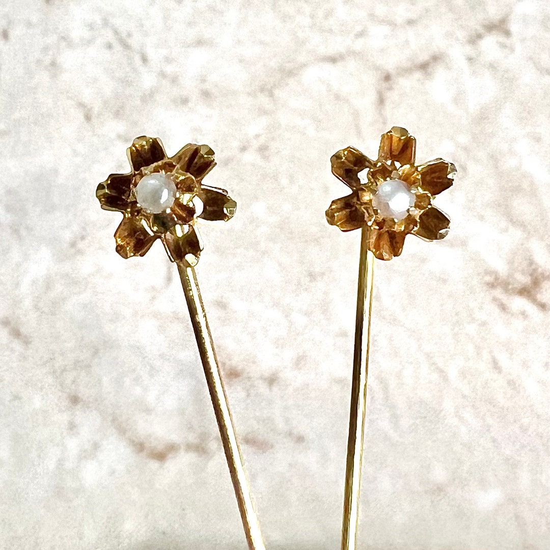 Set of Two Antique Yellow Gold Pearl Stick Pins - 14K Yellow Gold Pin ...