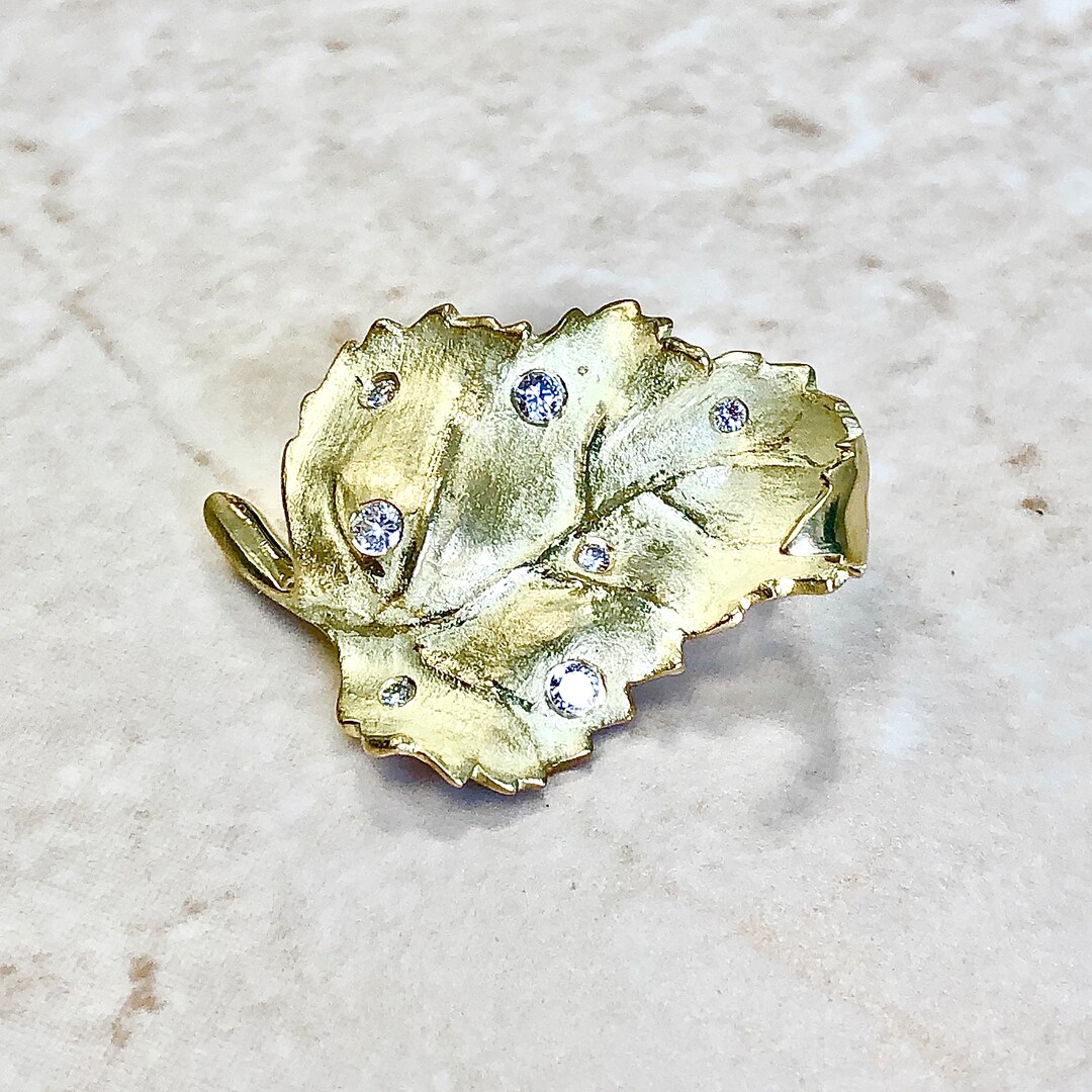 Vintage Asprey 18K Gold Diamond Leaf Brooch Pin - 18K Yellow Gold ...