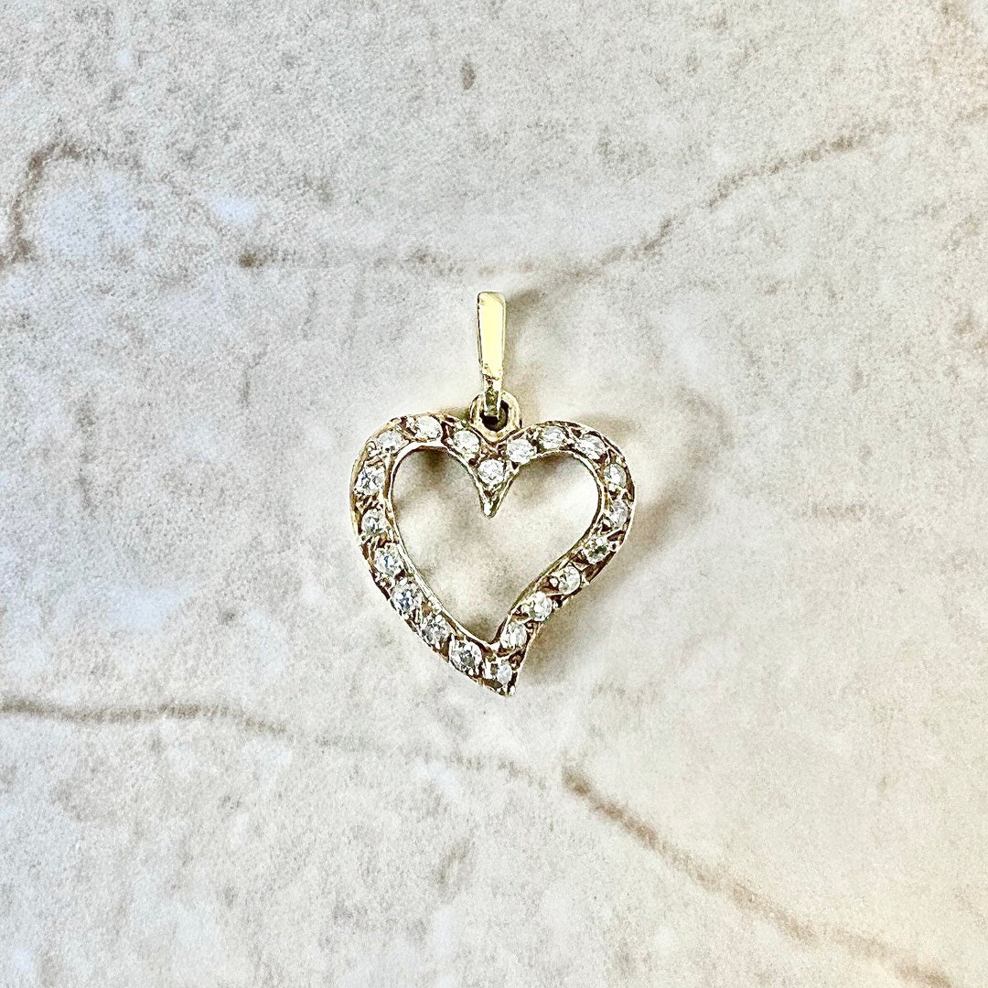 Vintage 14K Diamond Heart Pendant Necklace 14K Yellow Gold Open Heart ...