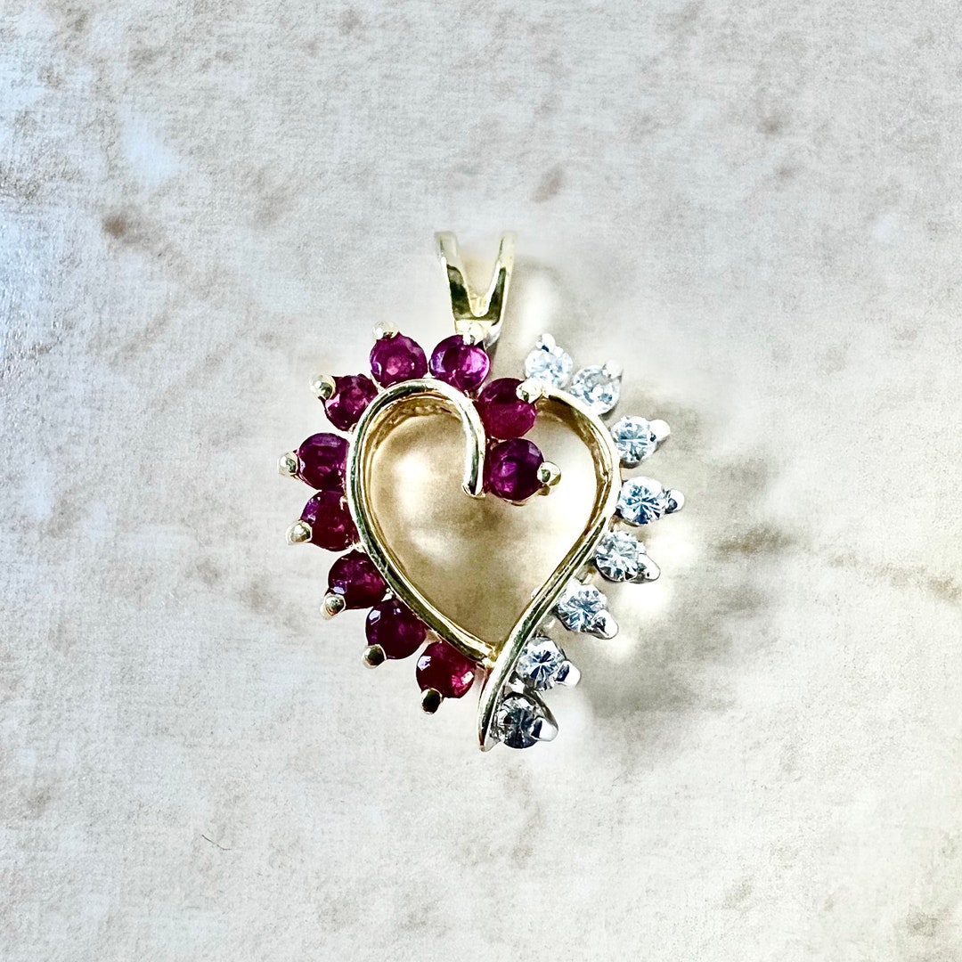 14K Gold Diamond & Natural Ruby Heart Pendant Necklace - 14K Solid Gold ...