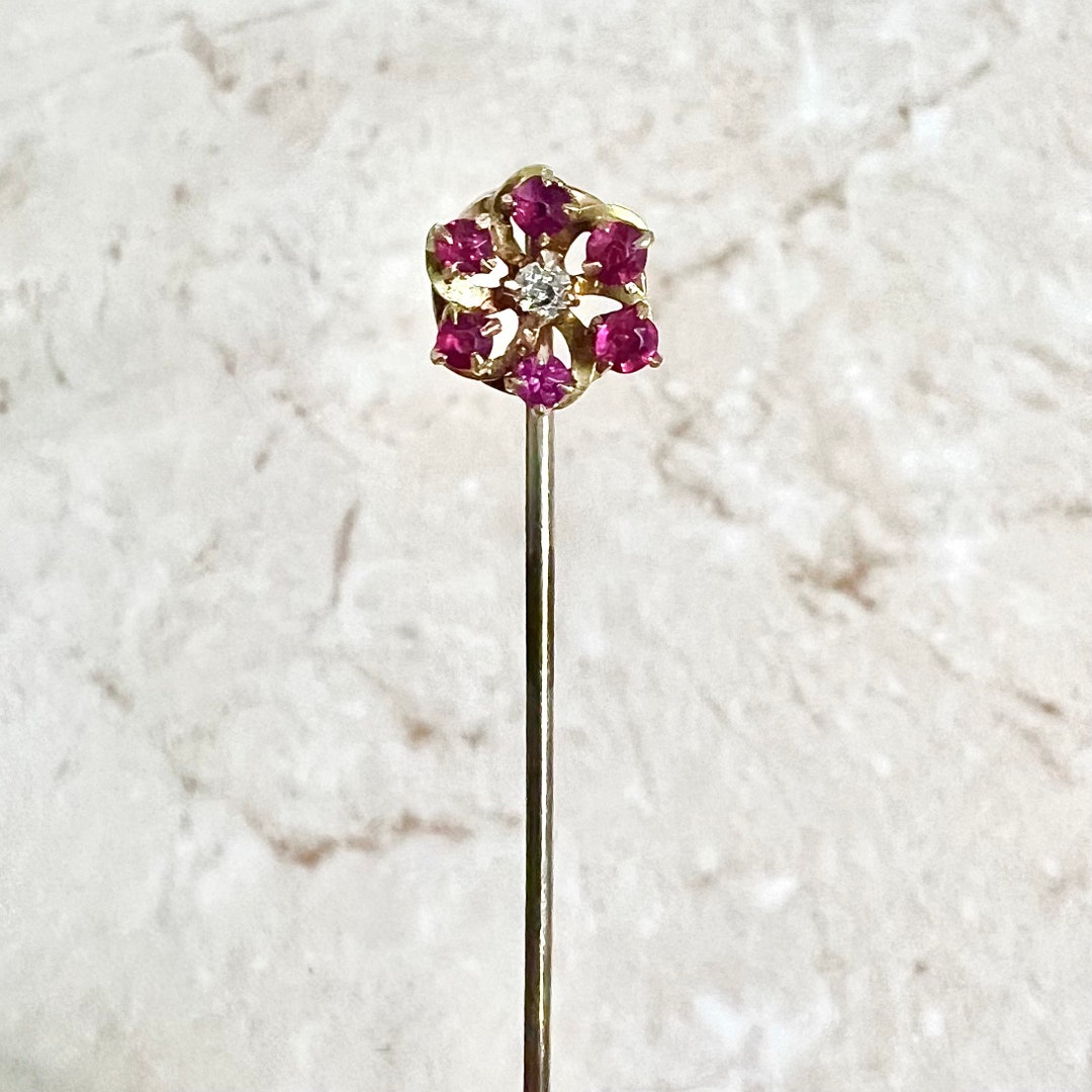 Antique Edwardian 14K Diamond & Ruby Halo Stick Pin - Solid 14K Yellow ...