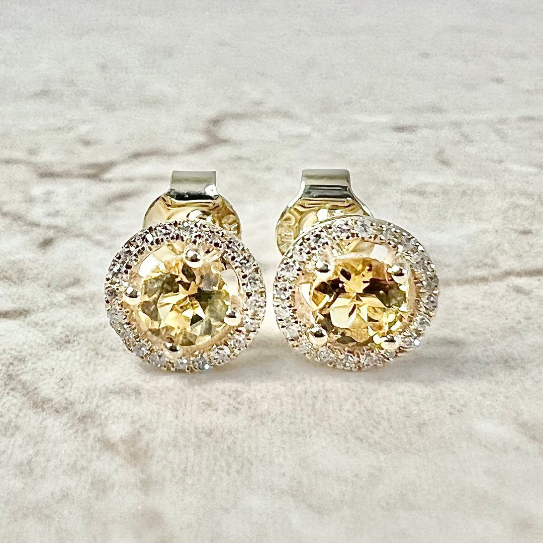 14K Citrine Halo Stud Earrings - Yellow Gold Citrine Studs - Gold ...