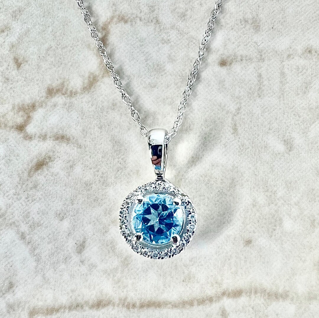 14K Round Blue Topaz Halo Pendant Necklace White Gold Blue - Etsy
