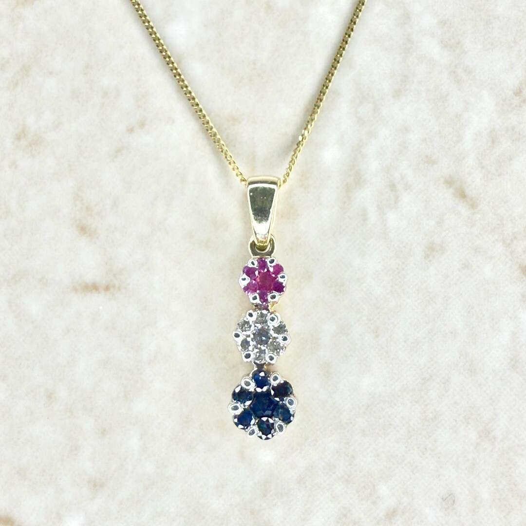 14K Gold Diamond, Ruby & Sapphire Cluster Pendant Necklace Solid 14K ...