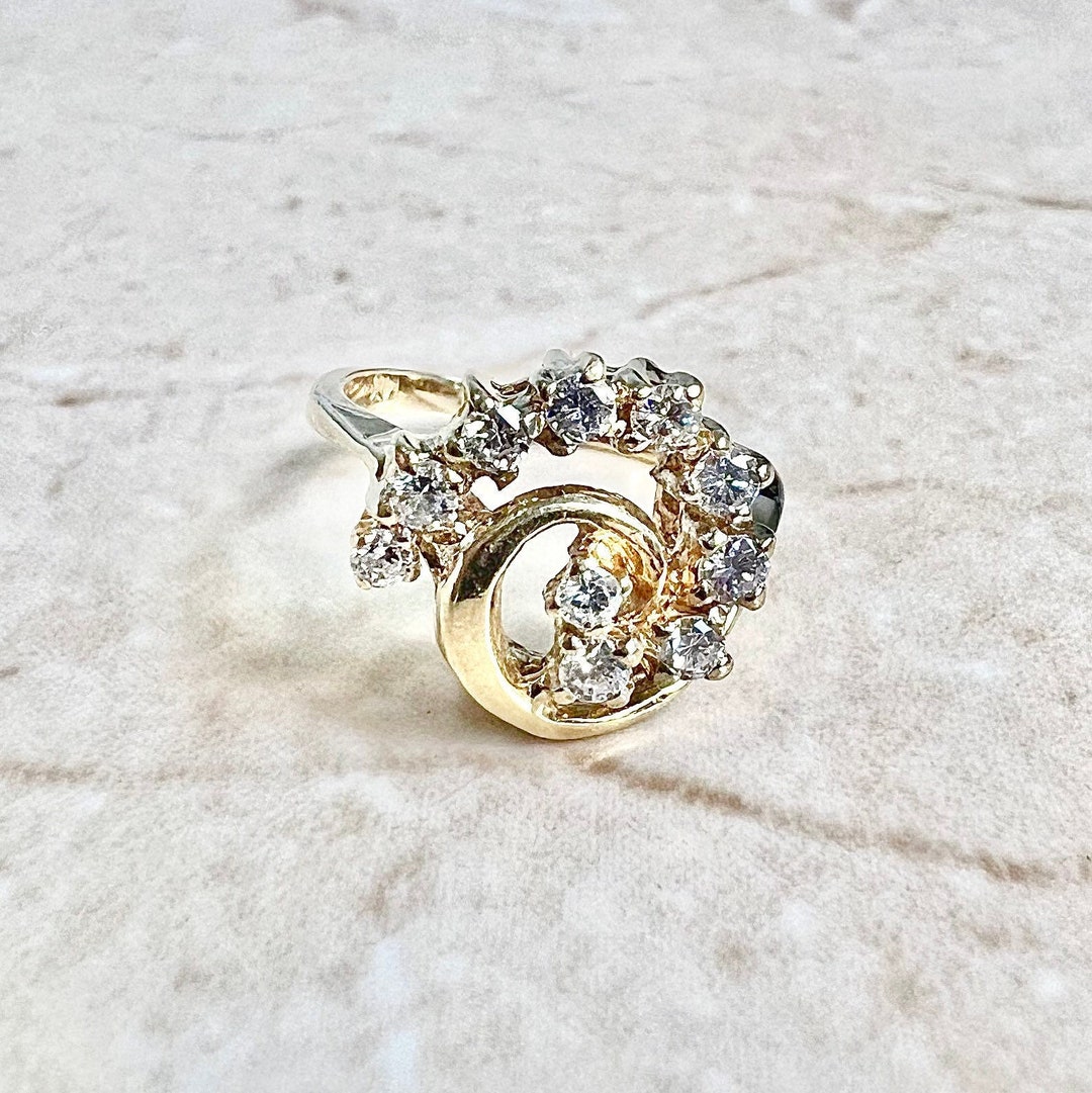 Vintage 14K Diamond Cocktail Ring Yellow Gold Diamond Ring Swirl Ring ...