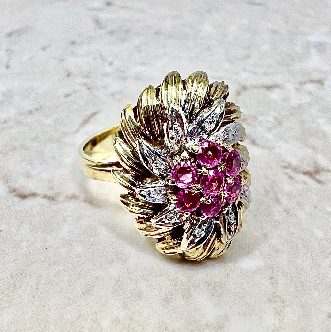 Vintage Italian Diamond & Ruby Cocktail Ring 18K Gold Ruby Ring July Birthstone Ring Natural ...