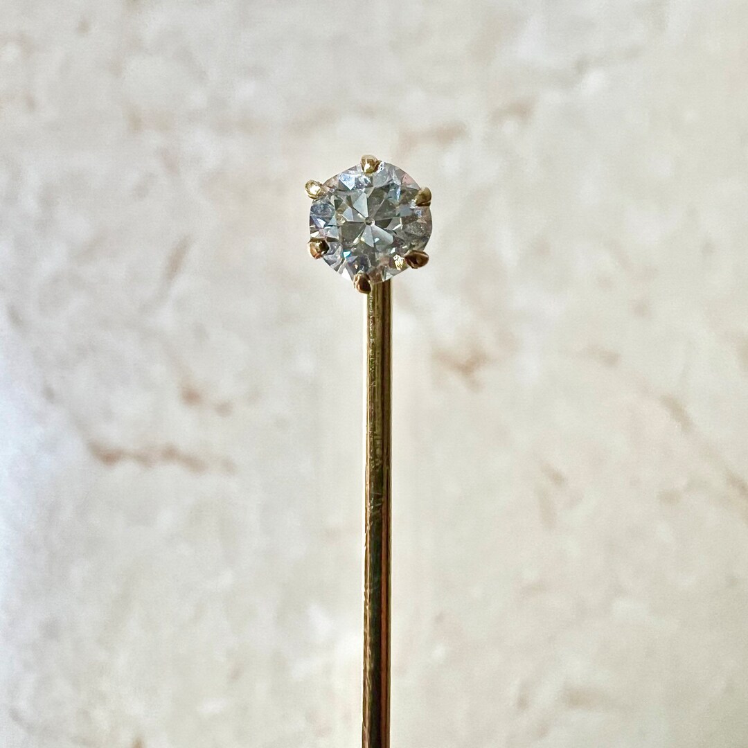 Antique 14K Yellow Gold Diamond Stick Pin - Diamond Solitaire Stick Pin ...