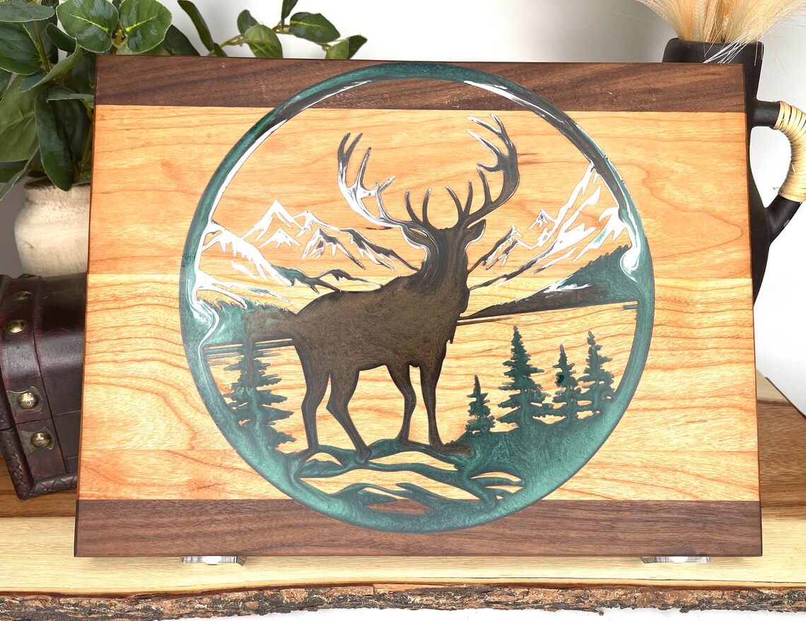 Mountain Deer Scene Resin Filled Design Cutting/serving Board Cherry ...