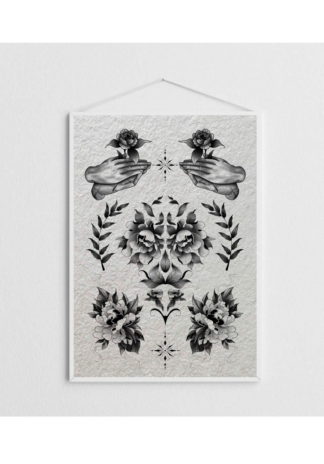 Tattoo Flash Rose Hand, Black and Grey Gothic Art Print, Witchy Poster ...