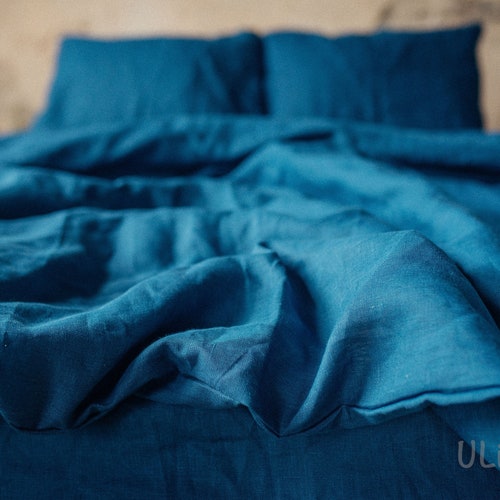 Linen Bedding Set Azure Blue Color 1 Duvet Cover and 2 - Etsy